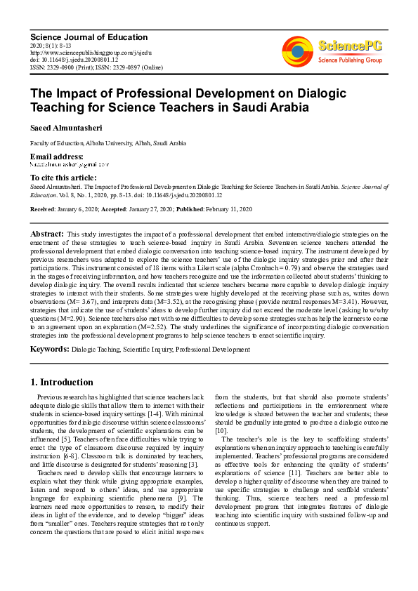 (PDF) The Impact of Professional Development on Dialogic Teaching for Science Teachers in Saudi ...