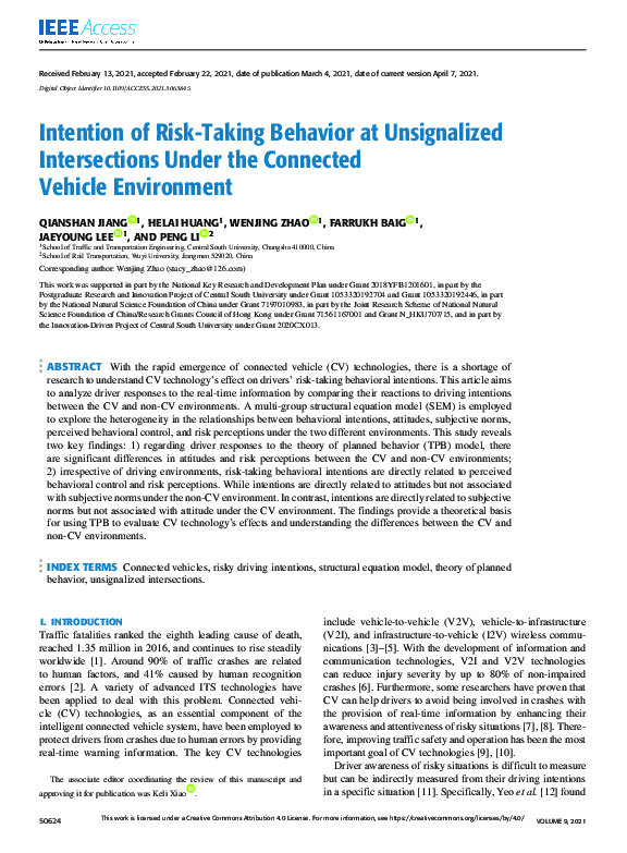 (PDF) Intention of Risk-Taking Behavior at Unsignalized Intersections Under the Connected ...