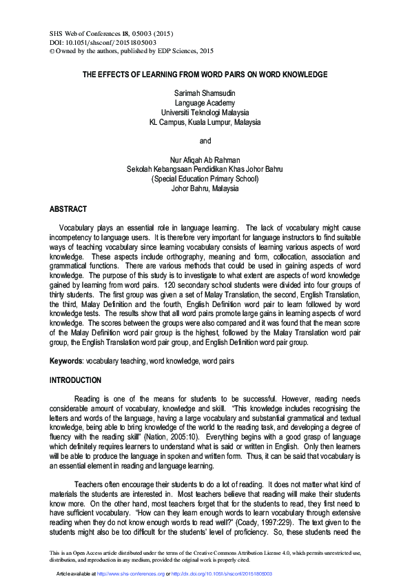 (PDF) The Effects of Learning from Word Pairs on Word Knowledge