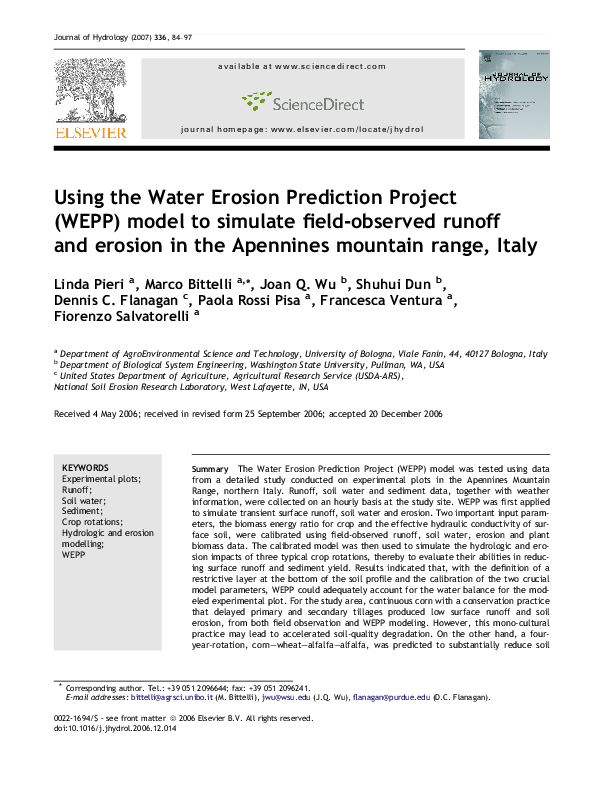 (PDF) Using the Water Erosion Prediction Project (WEPP) model to simulate field-observed runoff ...