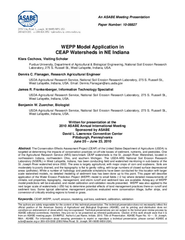 (PDF) WEPP Model Application in CEAP Watersheds in NE Indiana | Dennis Flanagan - Academia.edu