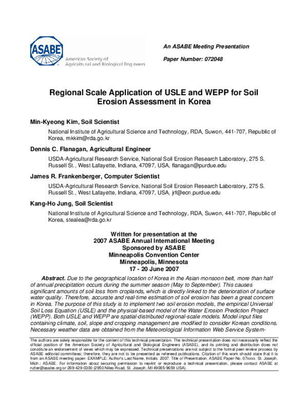 (PDF) Regional Scale Application of USLE and WEPP for Soil Erosion ...