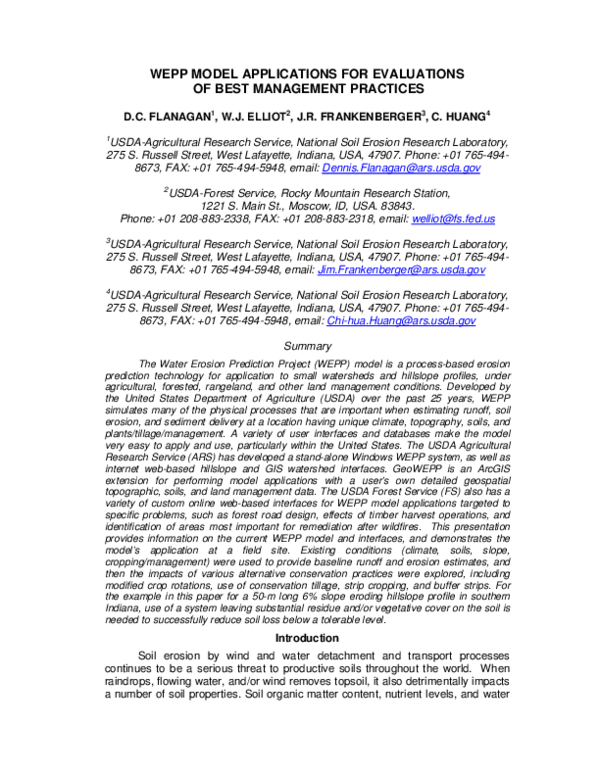 Pdf Wepp Model Applications For Evaluations Of Best Management Practices Dennis Flanagan
