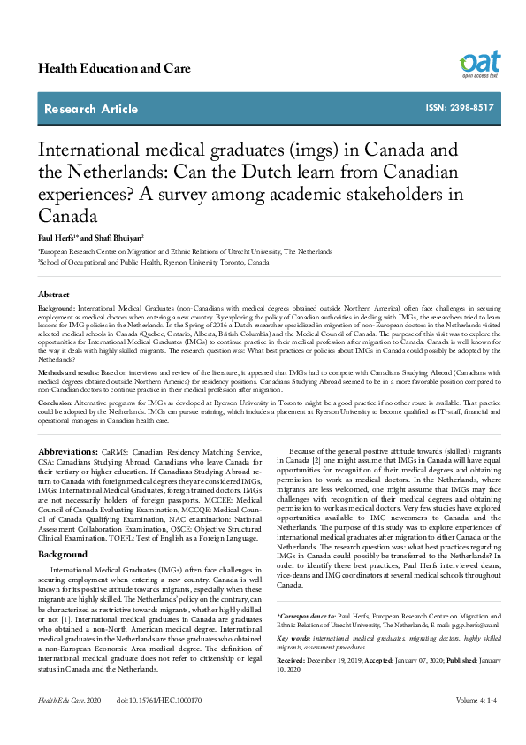 (PDF) International medical graduates (imgs) in Canada and the ...
