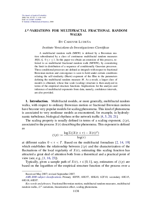 Pdf L P Variations For Multifractal Fractional Random Walks Carin Ludena