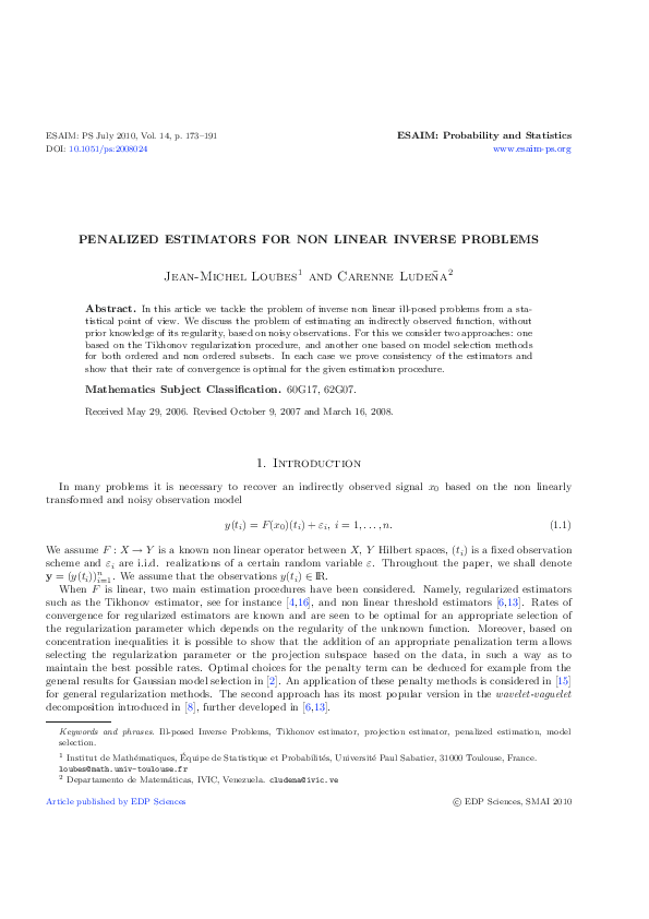 (PDF) Penalized estimators for non linear inverse problems