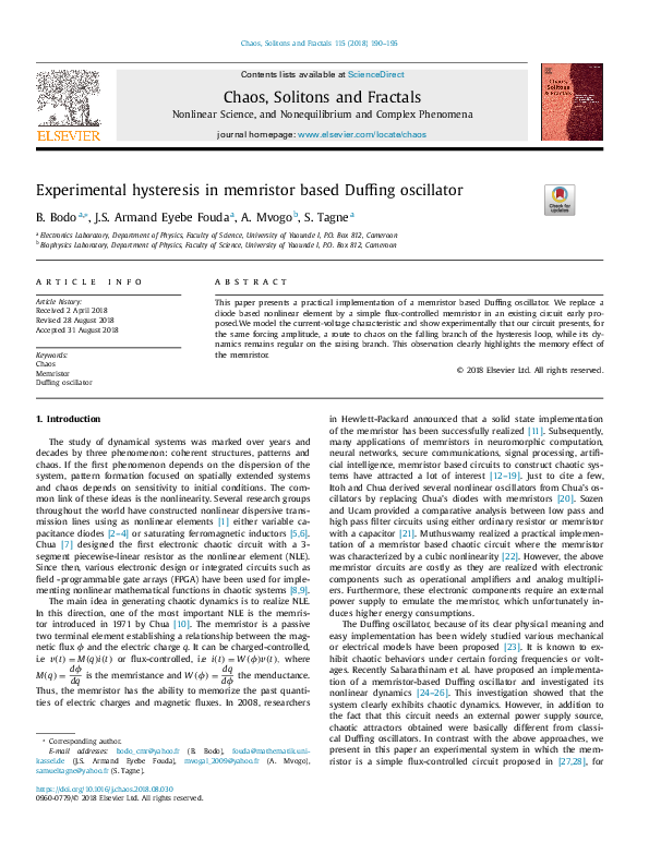 (PDF) Experimental hysteresis in memristor based Duffing oscillator
