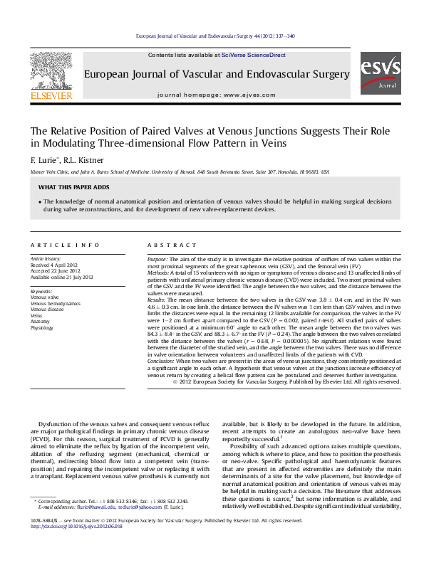 (PDF) The Relative Position of Paired Valves at Venous Junctions ...