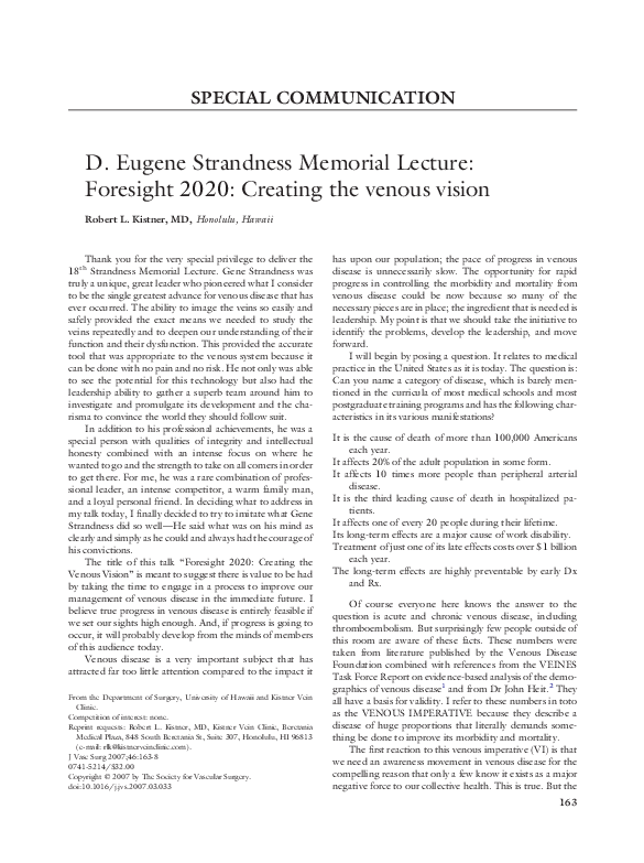 (PDF) D. Eugene Strandness Memorial Lecture: Foresight 2020: Creating ...