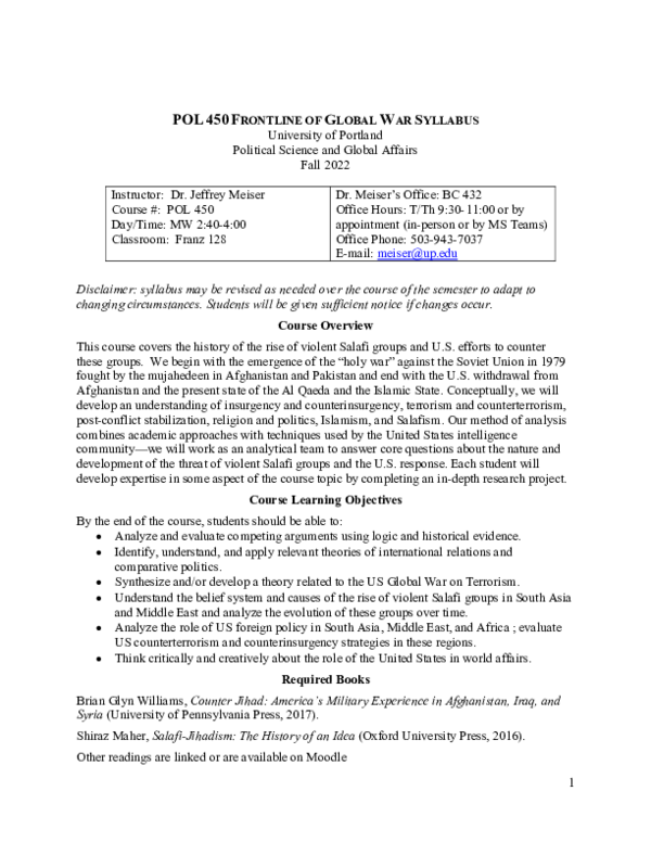 (PDF) POL 450 FRONTLINE OF GLOBAL WAR SYLLABUS