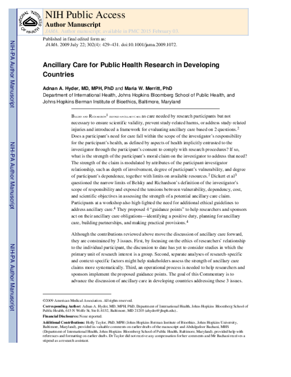 (PDF) Ancillary Care for Public Health Research in Developing Countries