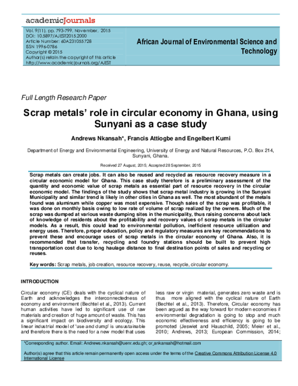 (PDF) Scrap metals role in circular economy in Ghana, using Sunyani as ...