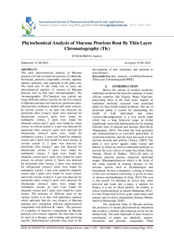 (PDF) Phytochemical Analysis of Mucuna Pruriens Root By Thin Layer Chromatography (Tlc