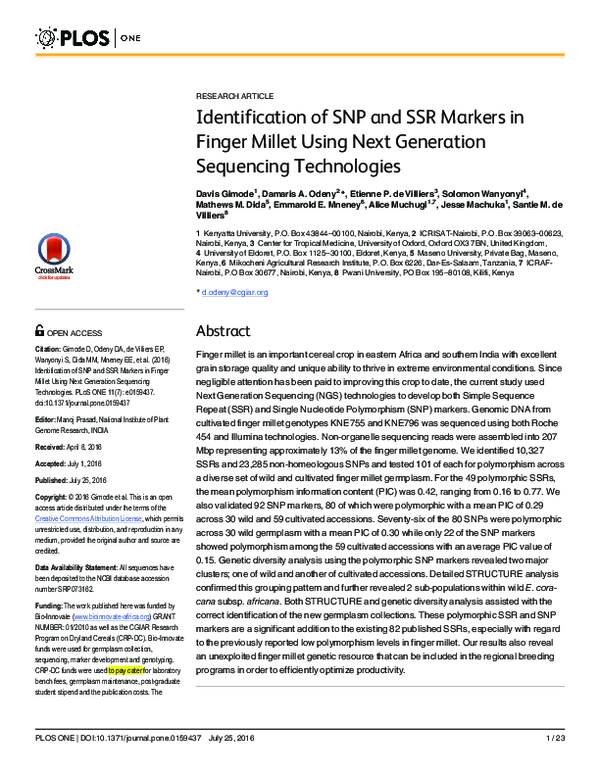 (PDF) Identification of SNP and SSR Markers in Finger Millet Using Next Generation Sequencing ...