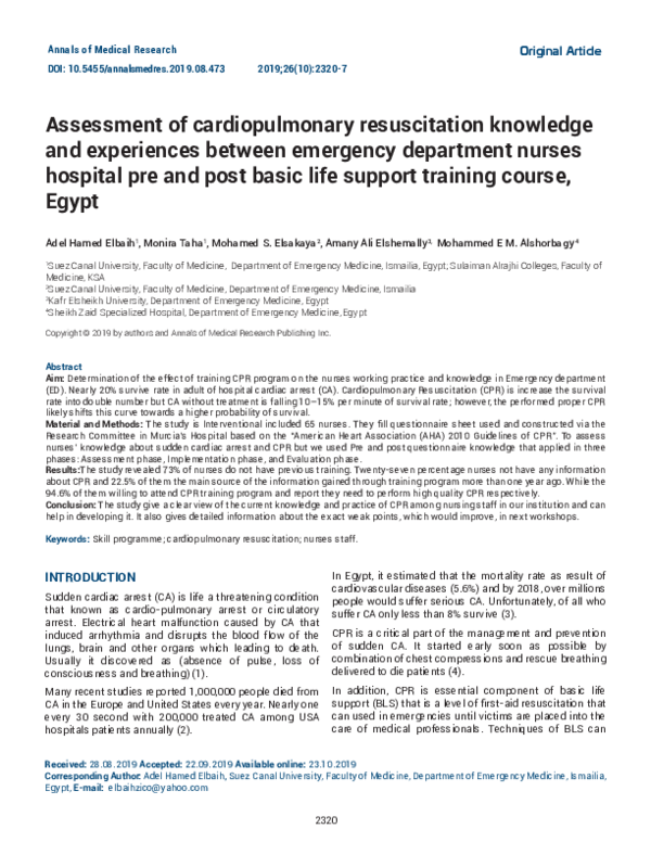 (PDF) Assessment of cardiopulmonary resuscitation knowledge and experiences between emergency ...