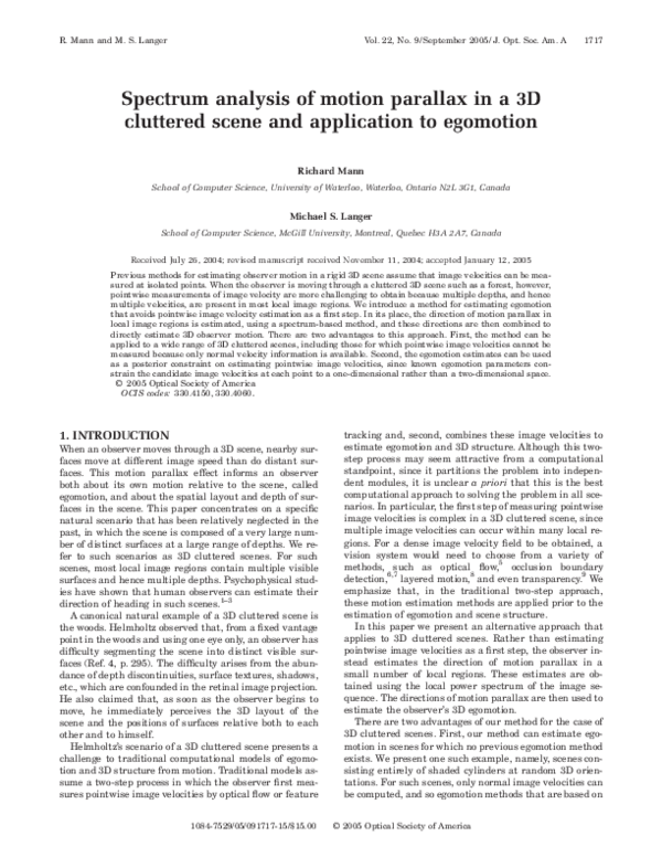 (PDF) Spectrum analysis of motion parallax in a 3D cluttered scene and application to egomotion