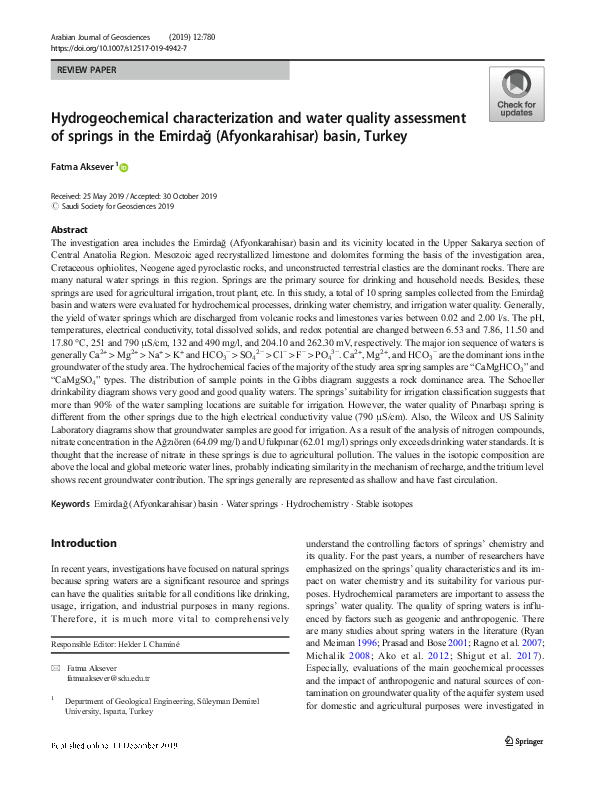 (PDF) Hydrogeochemical characterization and water quality assessment of springs in the Emirdağ ...