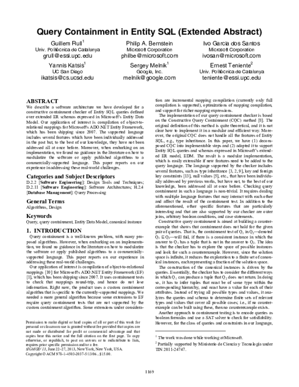 (PDF) Query containment in entity SQL