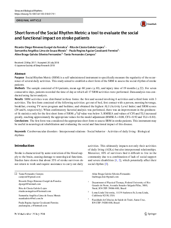 (PDF) Short form of the Social Rhythm Metric: a tool to evaluate the ...