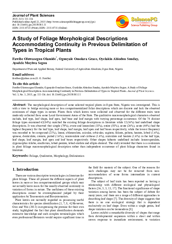 (PDF) A Study of Foliage Morphological Descriptions Accommodating ...