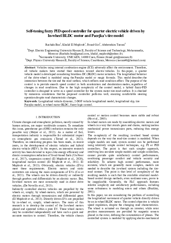 Pdf Self Tuning Fuzzy Pid Speed Controller For Quarter Electric Vehicle Driven By In Wheel