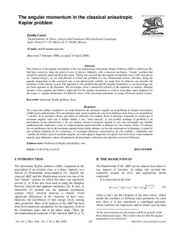 (PDF) The angular momentum in the classical anisotropic Kepler problem