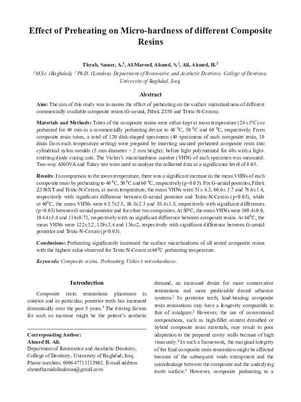 (PDF) Effect of Preheating on Micro-hardness of different Composite Resins