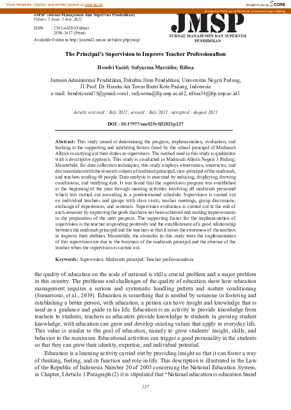 (PDF) The Principal’s Supervision to Improve Teacher Professionalism