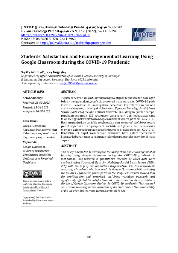 (PDF) Students’ Satisfaction and Encouragment of Learning Using Google Classroom During The ...