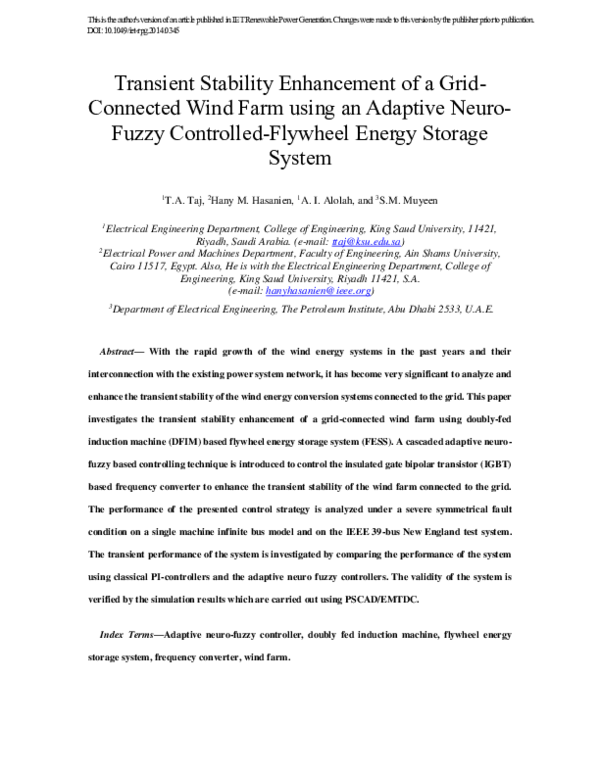 (PDF) Transient stability enhancement of a grid‐connected wind farm using an adaptive neuro ...