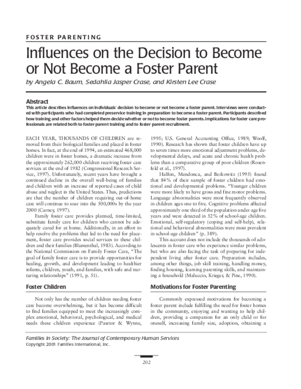 (PDF) Influences on the Decision to Become or Not Become a Foster Parent