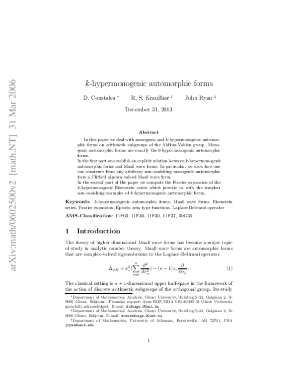 (PDF) k-Hypermonogenic automorphic forms | John Ryan - Academia.edu