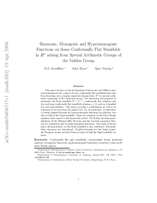 (PDF) Harmonic, monogenic and hypermonogenic functions on some conformally flat manifolds in 𝑅ⁿ ...
