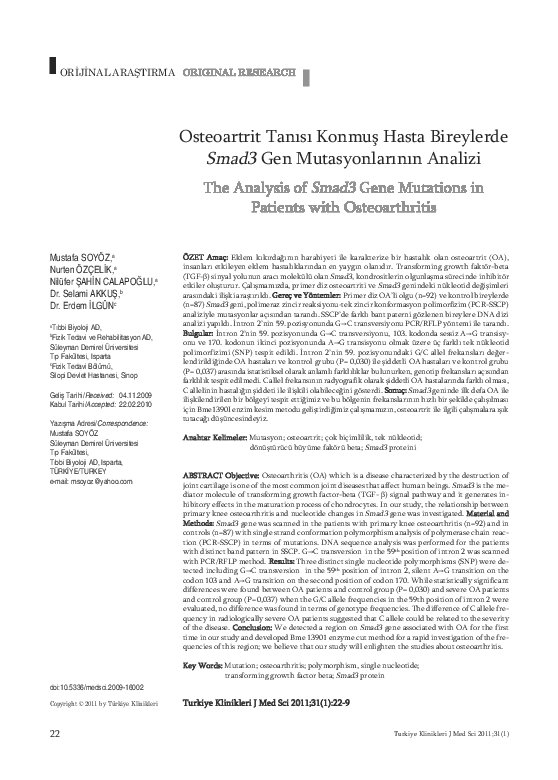 (PDF) Osteoartrit Tanısı Konmuş Hasta Bireylerde Smad3 Gen Mutasyonlarının Analizi