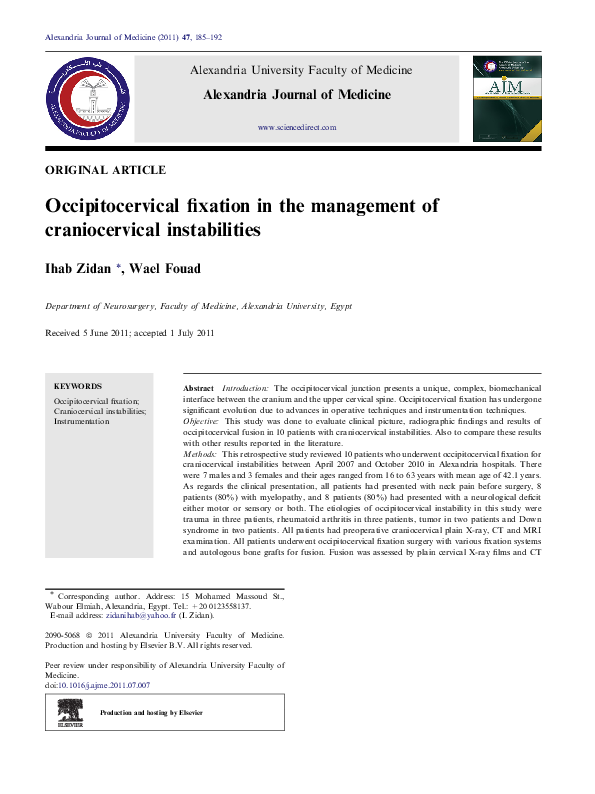 (PDF) Occipitocervical fixation in the management of craniocervical ...
