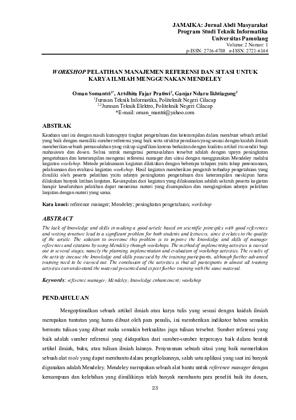 (PDF) Workshop Pelatihan Manajemen Referensi Dan Sitasi Untuk Karya Ilmiah Menggunakan Mendeley