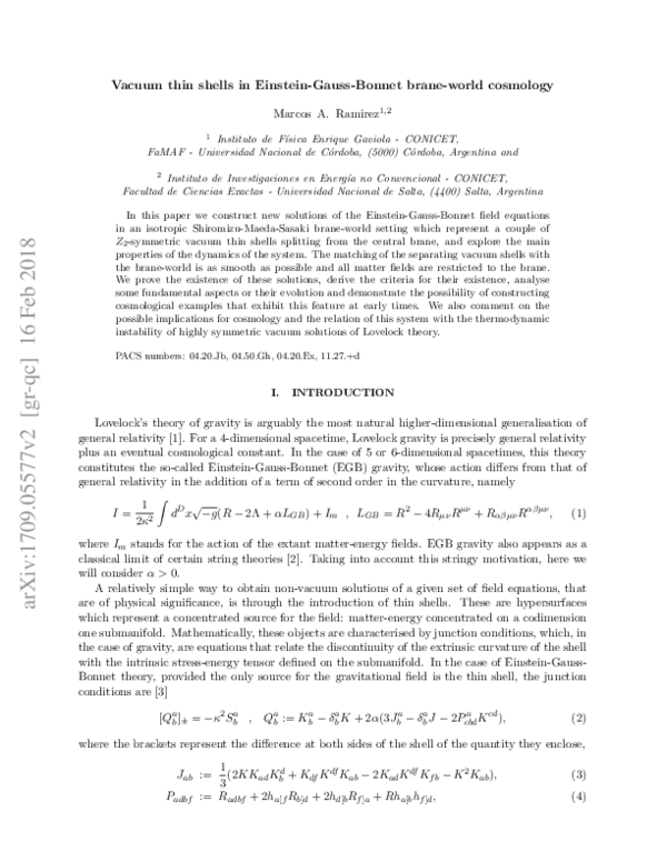 (PDF) Vacuum thin shells in Einstein–Gauss–Bonnet brane-world cosmology