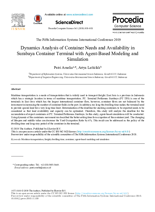 (PDF) Dynamics Analysis of Container Needs and Availability in Surabaya Container Terminal with ...