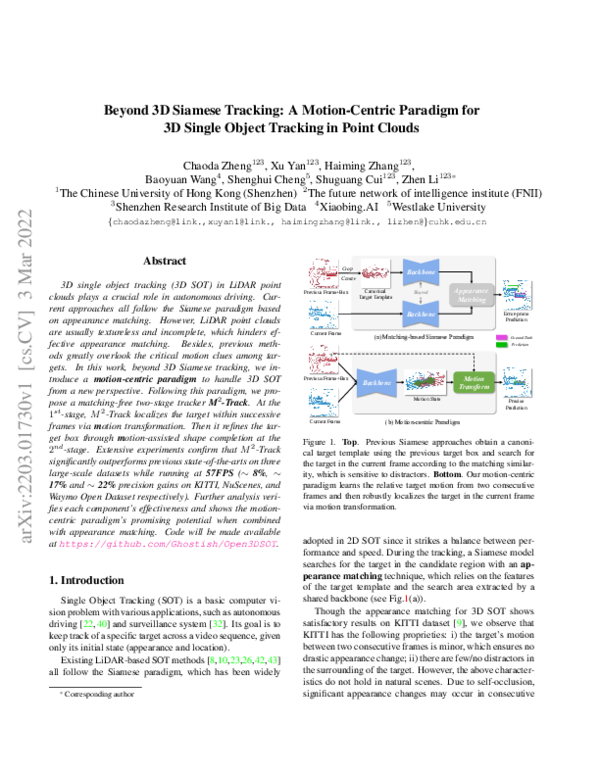 Pdf Beyond 3d Siamese Tracking A Motion Centric Paradigm For 3d Single Object Tracking In