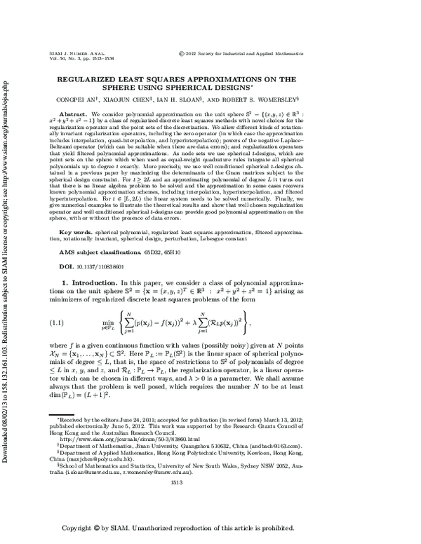 Pdf Regularized Least Squares Approximations On The Sphere Using Spherical Designs
