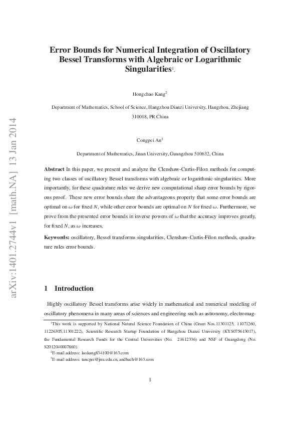 (PDF) 4 Error Bounds for Numerical Integration of Oscillatory Bessel Transforms with Algebraic ...