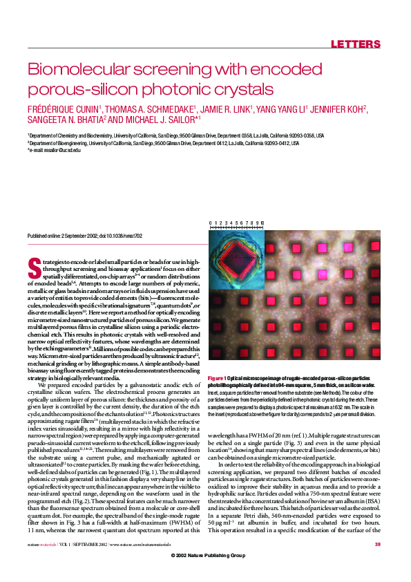 (PDF) Biomolecular screening with encoded porous-silicon photonic crystals