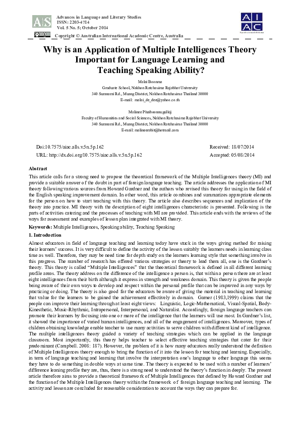 (PDF) Why is an Application of Multiple Intelligences Theory Important for Language Learning and ...