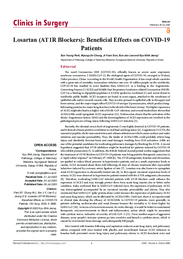 (PDF) Losartan (AT1R Blockers): Beneficial Effects on COVID-19 Patients
