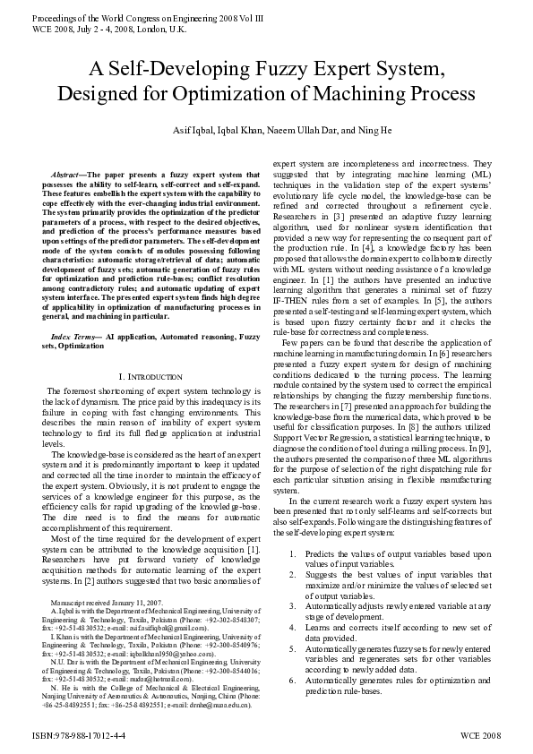 Pdf A Self Developing Fuzzy Expert System Designed For Optimization Of Machining Process