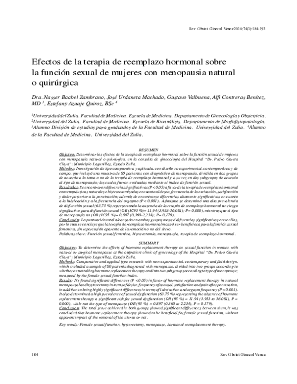 Pdf Efectos De La Terapia De Reemplazo Hormonal Sobre La Función