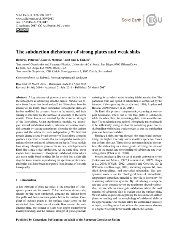 (PDF) The subduction dichotomy of strong plates and weak slabs