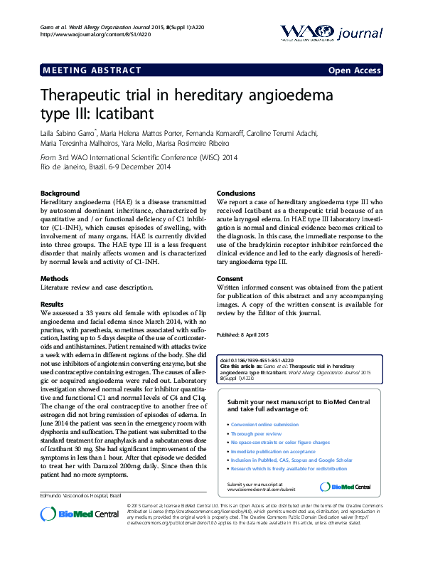(PDF) Therapeutic trial in hereditary angioedema type III: Icatibant ...