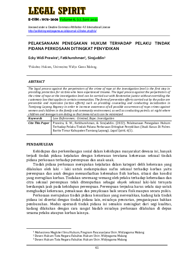 (PDF) Pelaksanaan Penegakan Hukum Terhadap Pelaku Tindak Pidana Perkosaan Ditingkat Penyidikan