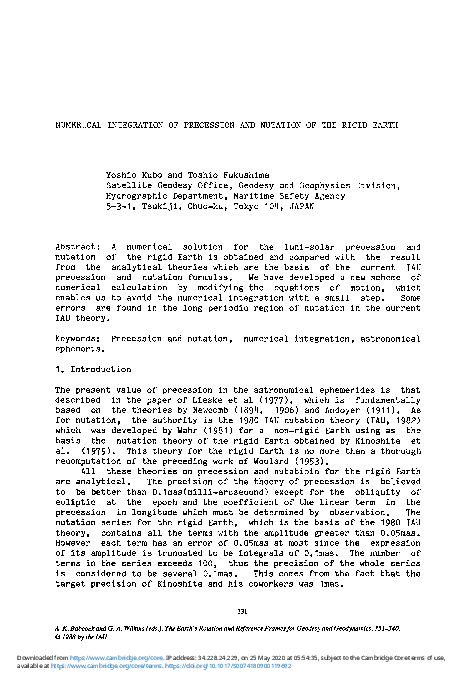 Pdf Numerical Integration Of Precession And Nutation Of The Rigid Earth